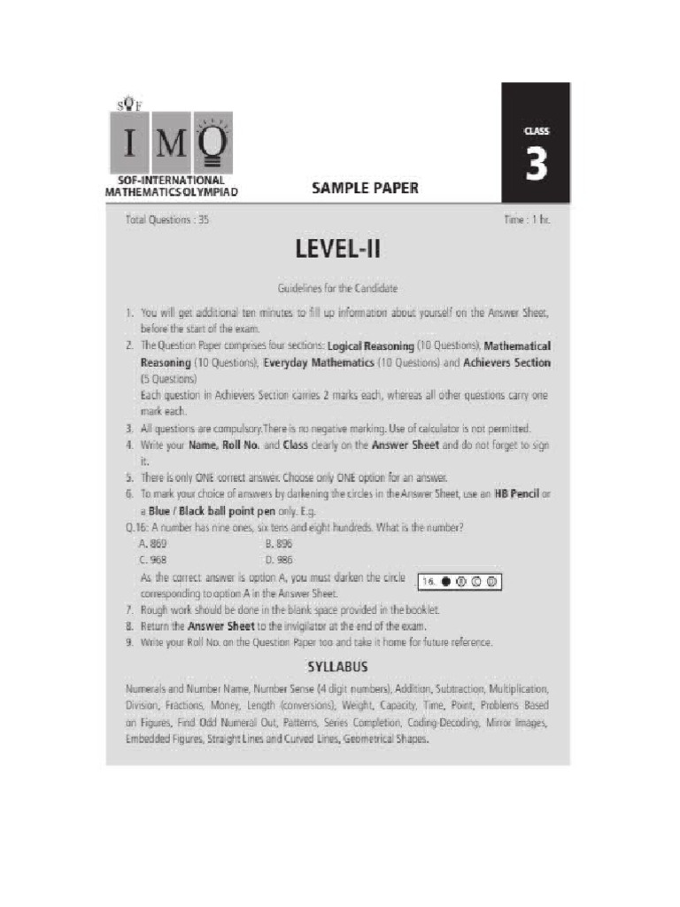 Sample paper level 2 II IMO Class 3 - 2025 | PDF