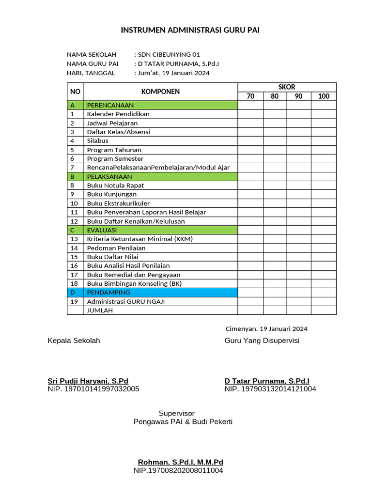 INSTRUMEN ADMINISTRASI GURU PAI 2024 | PDF