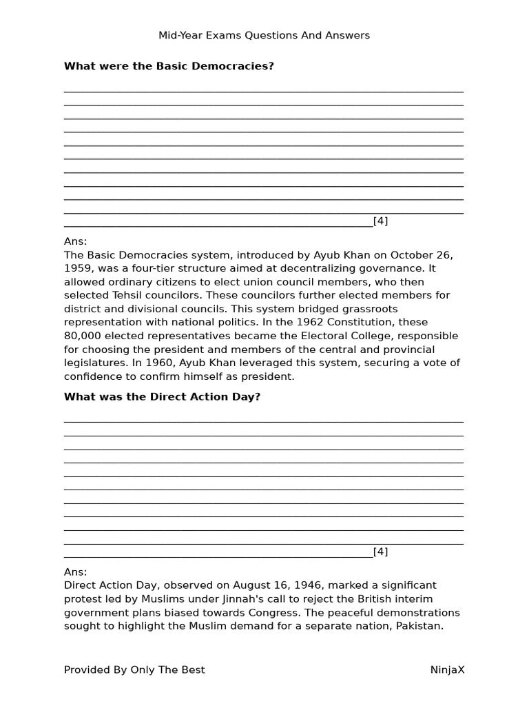 Mid-Year Exam Questions on Pakistan History | PDF | Partition Of India ...