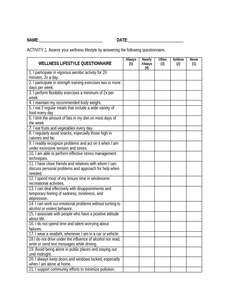 Wellness Lifestyle Assessment Questionnaire | PDF | Physical Fitness ...