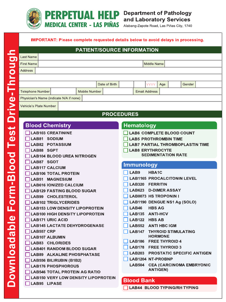 Downloadable Form Blood Test Drive Through | PDF