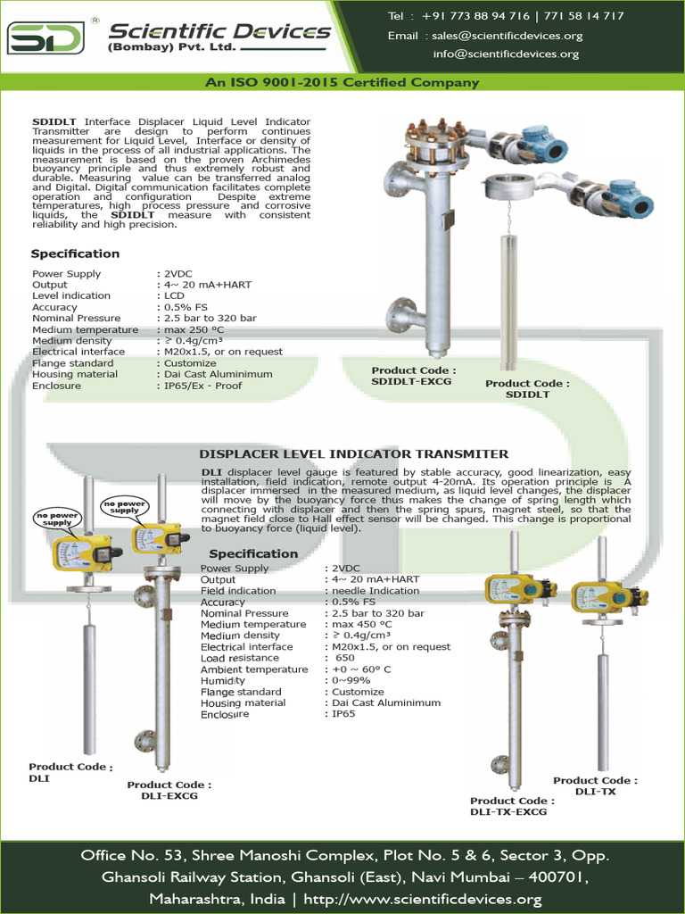 Displacer Type Level Gauge Overview | PDF | Density | Buoyancy