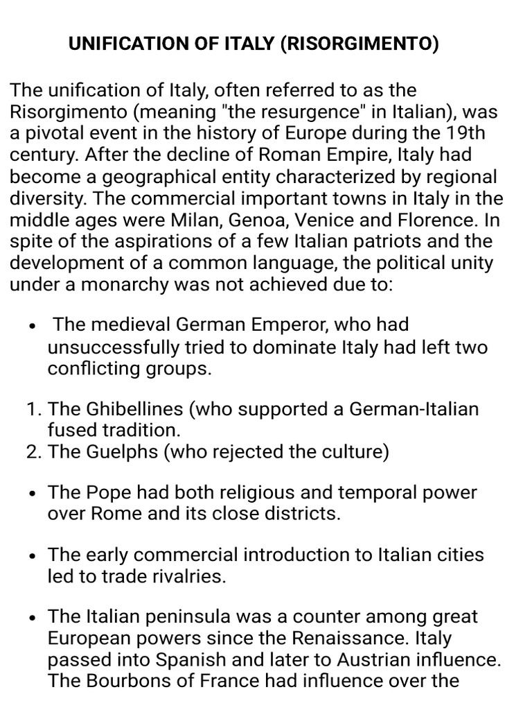 Italian Unification (Risorgimento) | PDF | Italy | Kingdom Of Italy