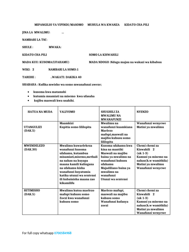 Kiswahili Lesson Plans-1 | PDF