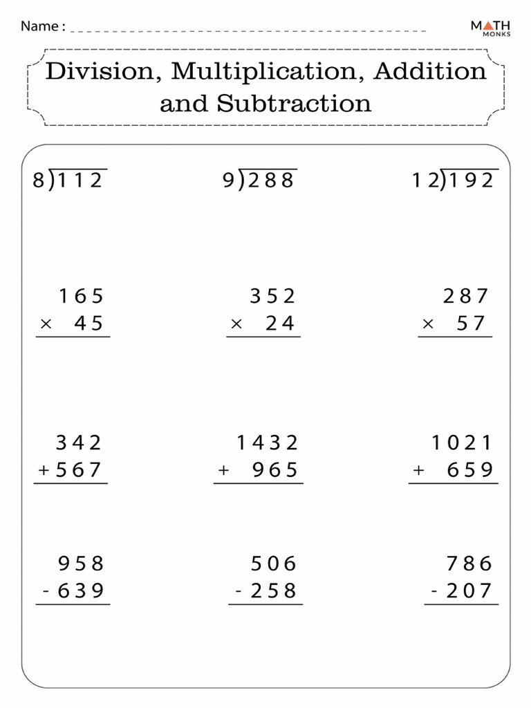 Division Multiplication Addition Subtraction Worksheets | PDF