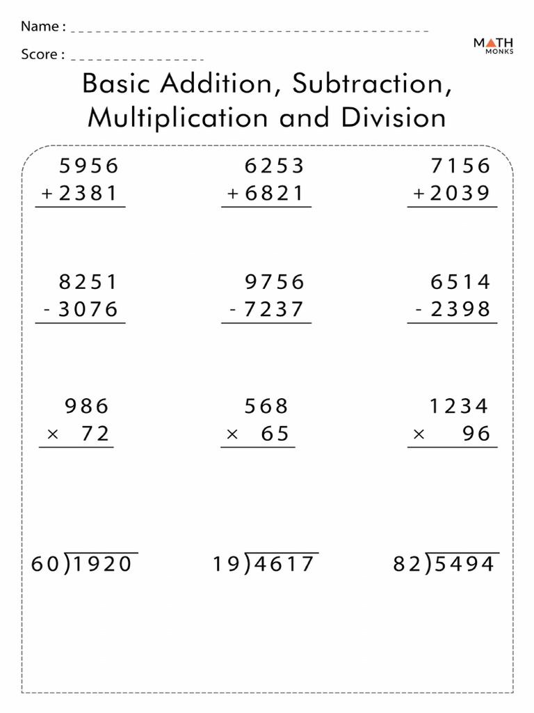 Basic Addition Subtraction Multiplication and Division Worksheets | PDF
