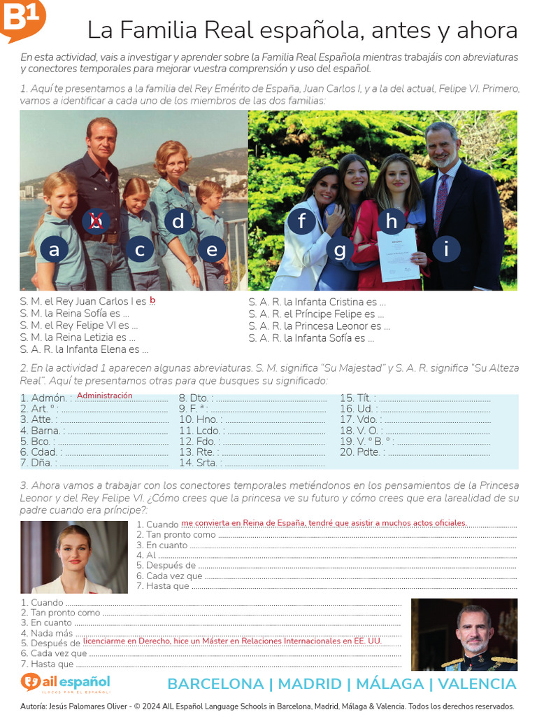 Ejercicio Espanol Oraciones Temporales Familia Real | PDF | Regalías ...