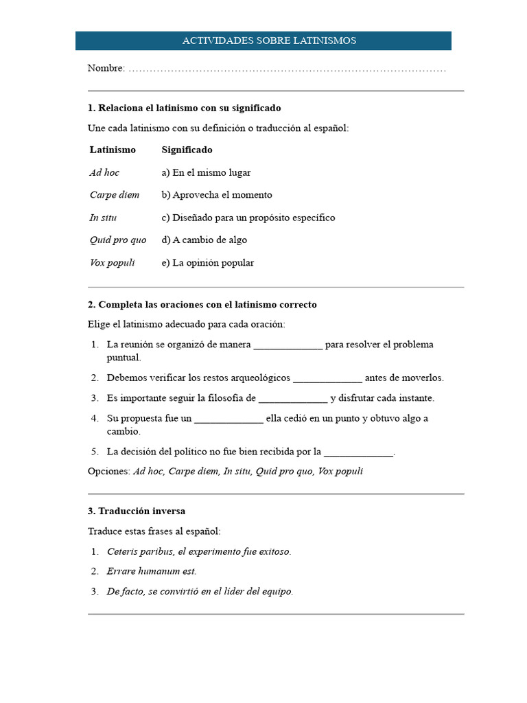 Actividades Latinismos | PDF