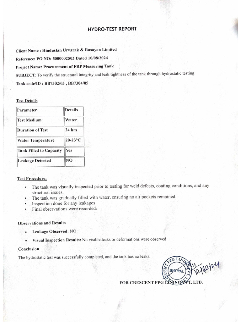 Hydro-Test Report | PDF