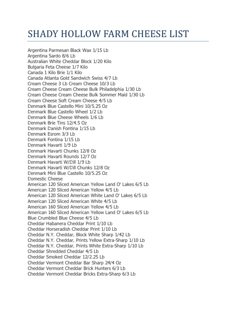 Shady Hollow Farm Cheese List | PDF | Cheddar Cheese | Cheese