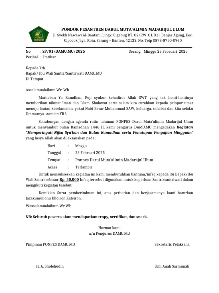 Undangan Imtihan DAMU - MU 2025 | PDF