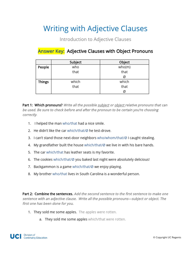 Answer Key Object Pronouns | PDF