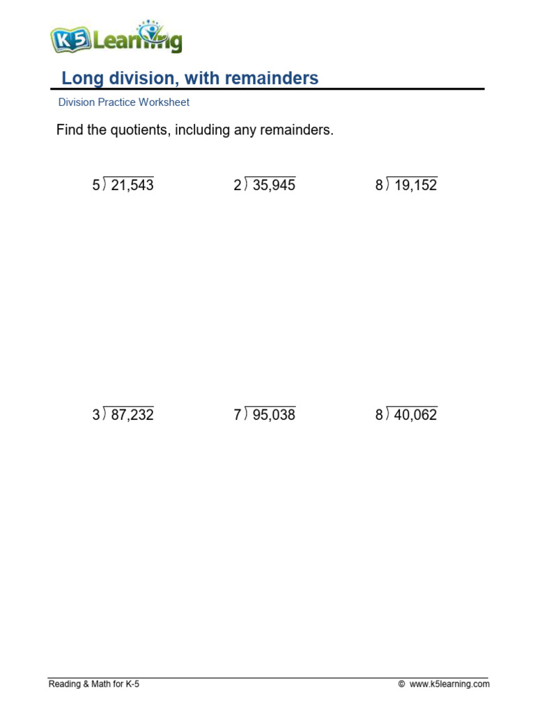 Long Division Remainder 5x1 Digit A | PDF