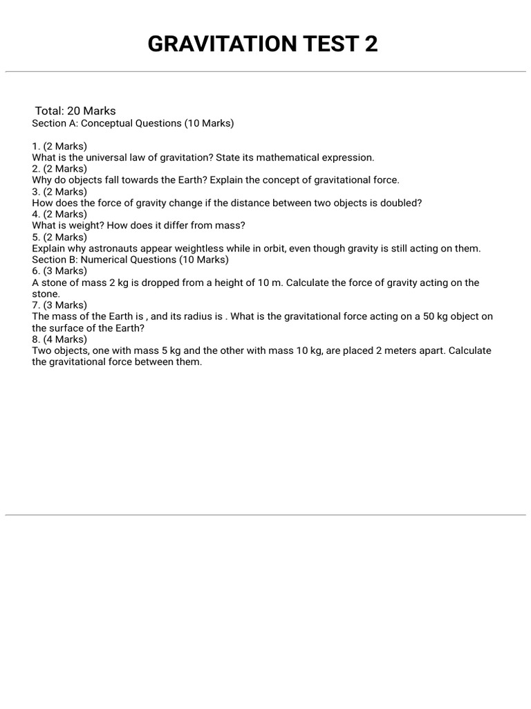 Gravitational Force Test Questions | PDF