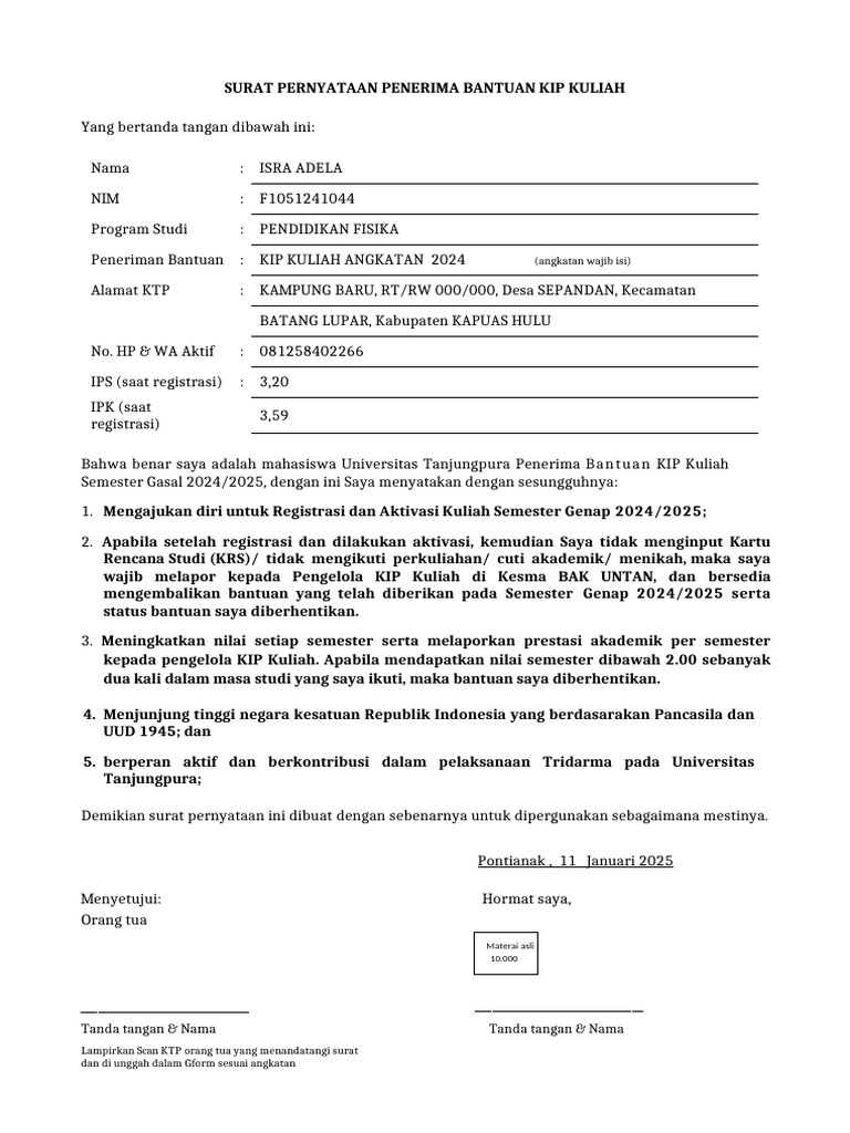 SURAT PERNYATAAN KIP KULIAH | PDF
