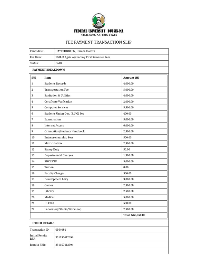 Print Fee Payment Transaction - Federal University, Dutsin-Ma | PDF | Fee | Money