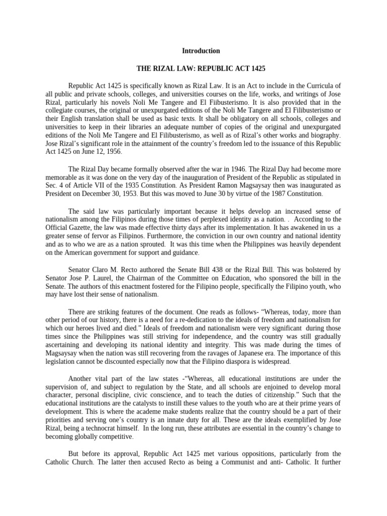 The RIZAL LAW Republic Act 1425 | PDF | Philippines