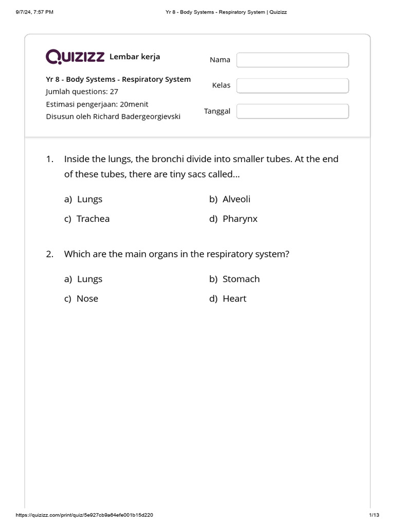 Yr 8 Respiratory System Quiz | PDF | Respiratory Tract | Respiratory System