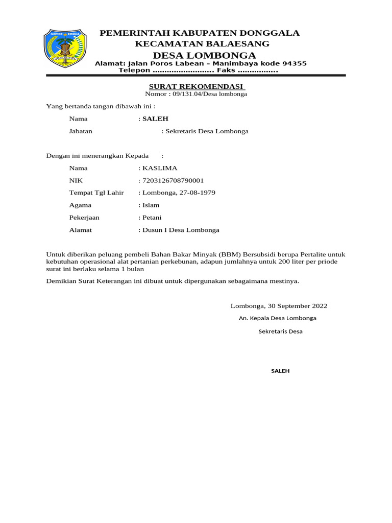 Surat Rekomendasi BBM Bersubsidi | PDF