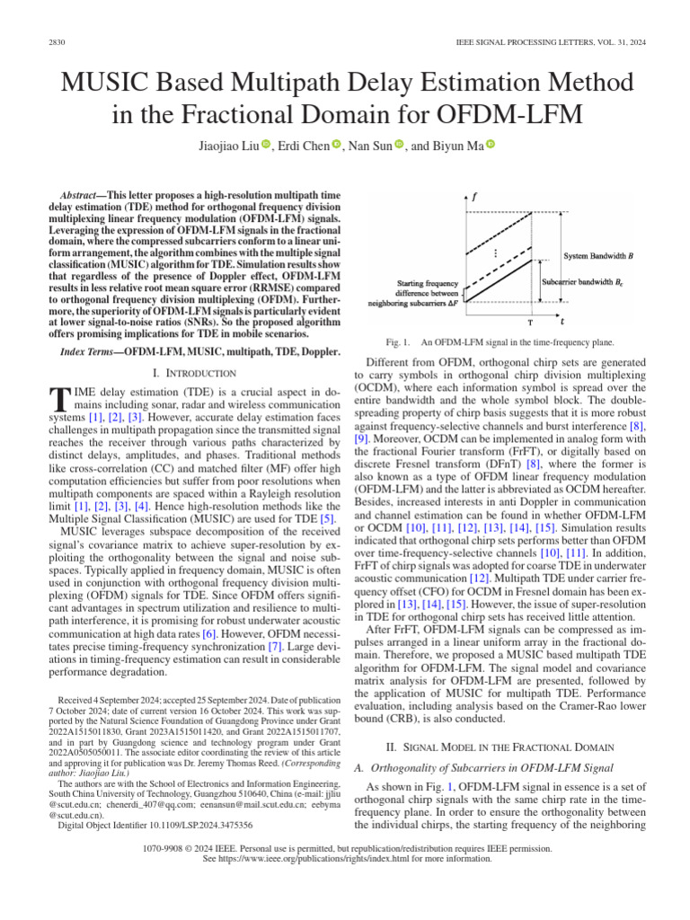 MUSIC Based Multipath Delay Estimation Method in The Fractional Domain For OFDM-LFM | PDF ...