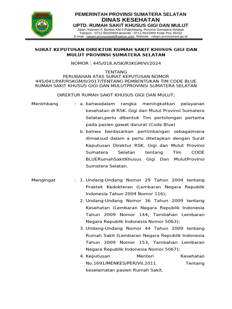 Pembentukan Tim Code Blue RSKGM Sumsel | PDF