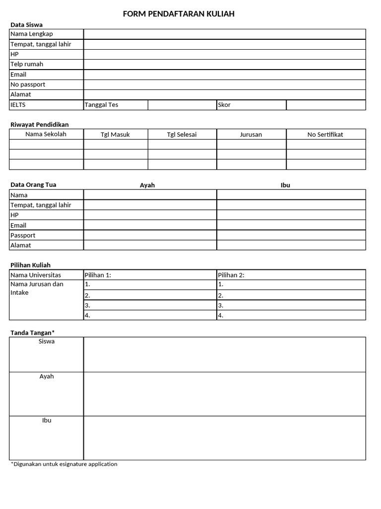 Formulir Pendaftaran Kuliah - Copy | PDF