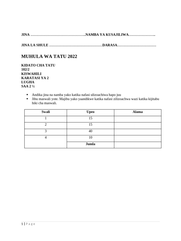 Kiswahili PP2 QSTN | PDF