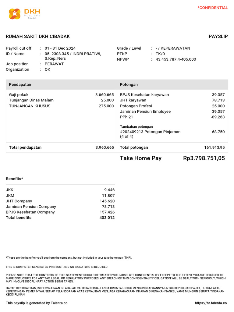 Talenta_Payslip-RUMAH-SAKIT-DKH-CIBADAK-12-2024-INDRI-PRATIWI-S-Kep-Ners- | PDF | Expense ...