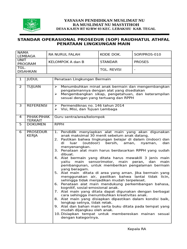10 Sop Paud Penataan Lingkungan Main | PDF