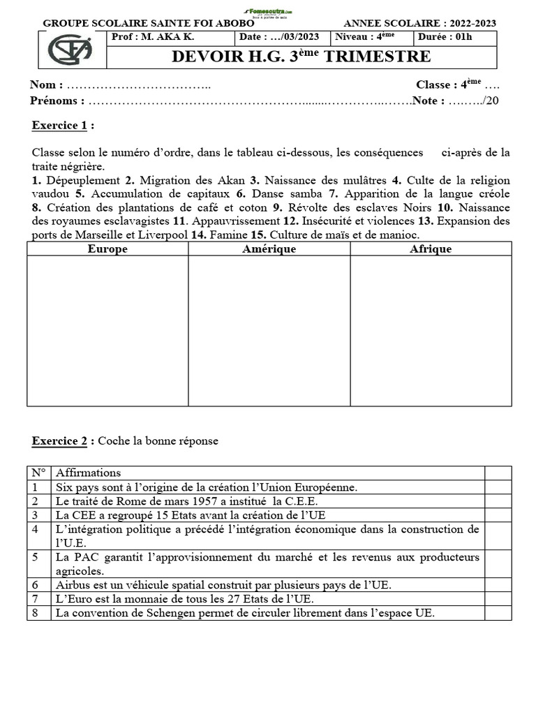 Devoir HG 4ème 20 | PDF