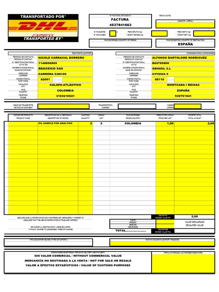 Documento de Envío de Muestra de Aceite | PDF