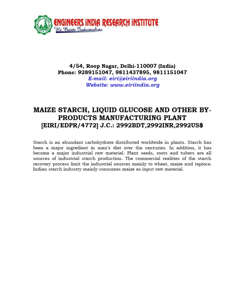 Project Report On MAIZE STARCH, LIQUID GLUCOSE AND OTHER BY-PRODUCTS ...