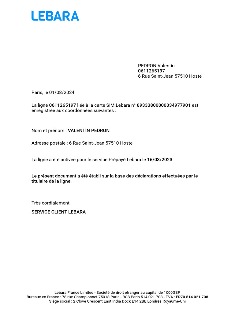 Informations sur la ligne Lebara de Valentin Pedron | PDF
