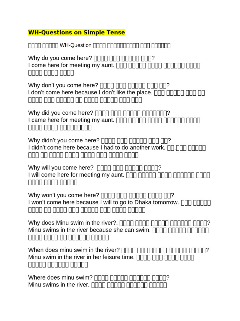 WH-Questions On Simple Tense | PDF