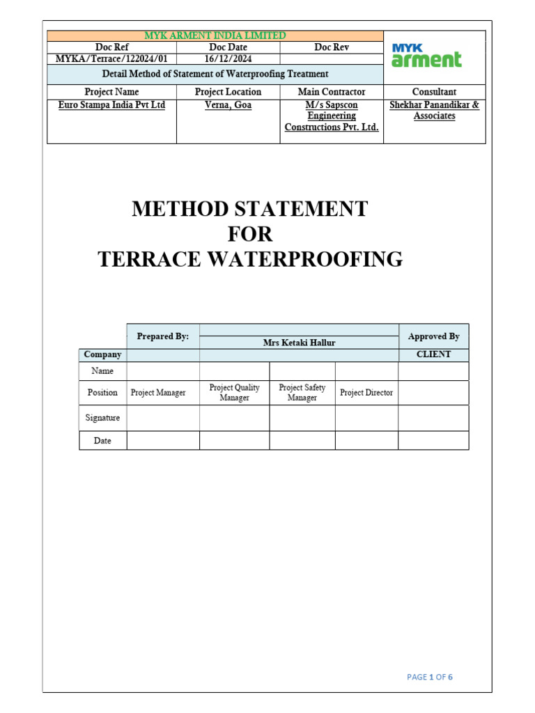 Terrace Waterproofing Method Statement | PDF | Concrete | Soil Mechanics