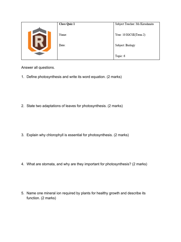 Quiz1 Bio Term 2 | PDF | Photosynthesis | Leaf
