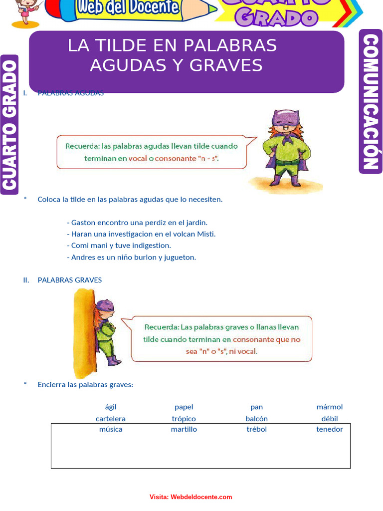 La Tilde en Palabras Agudas y Graves para Cuarto Grado de Primaria | PDF