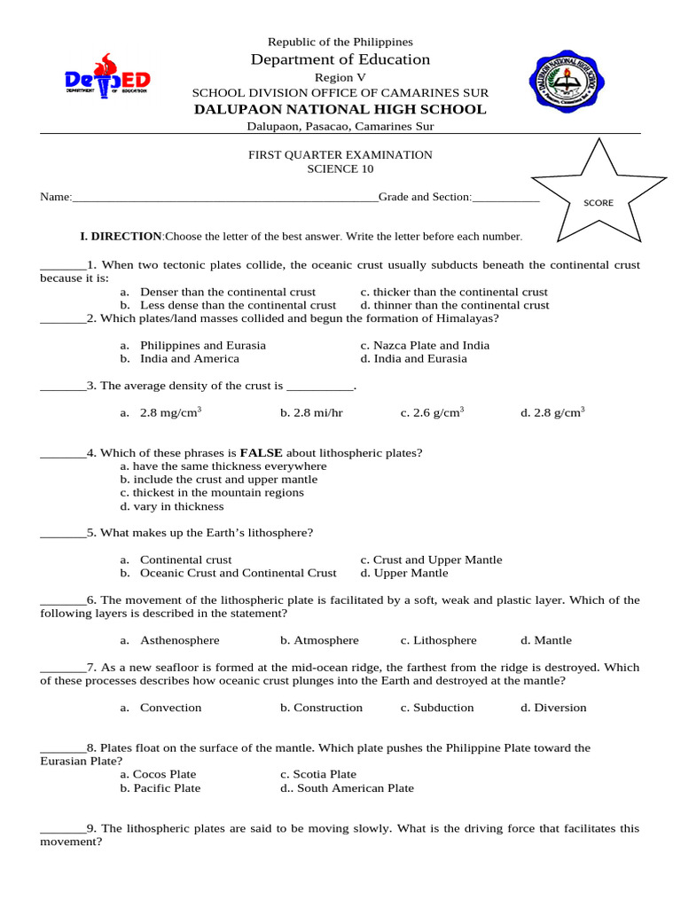 Science 10 First Quarter Exam Guide | PDF | Plate Tectonics | Structure ...