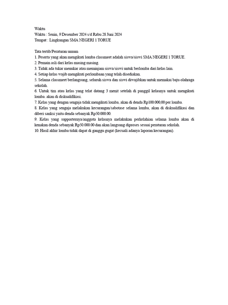 Tata Tertib Lomba Classmeet | PDF