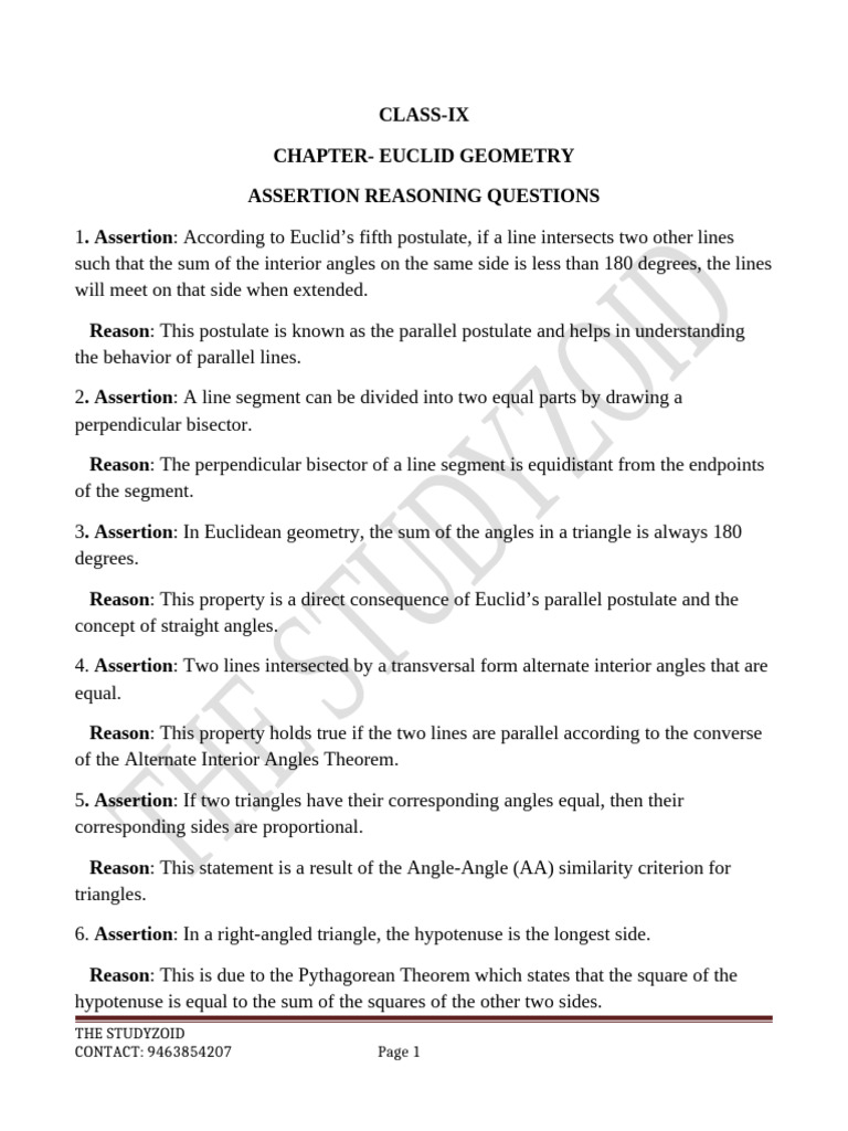 Class Ix Assertion Reasoning CH - Euclid Geo | PDF | Triangle | Line ...