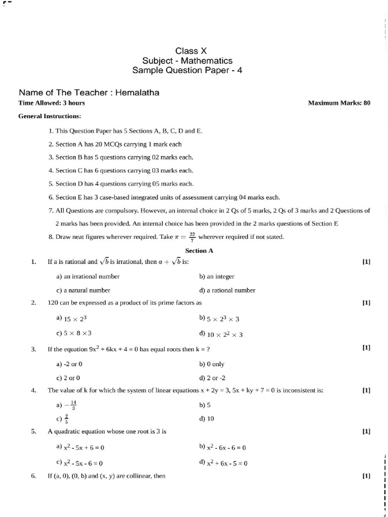 10th Mathematics QP 4 | PDF
