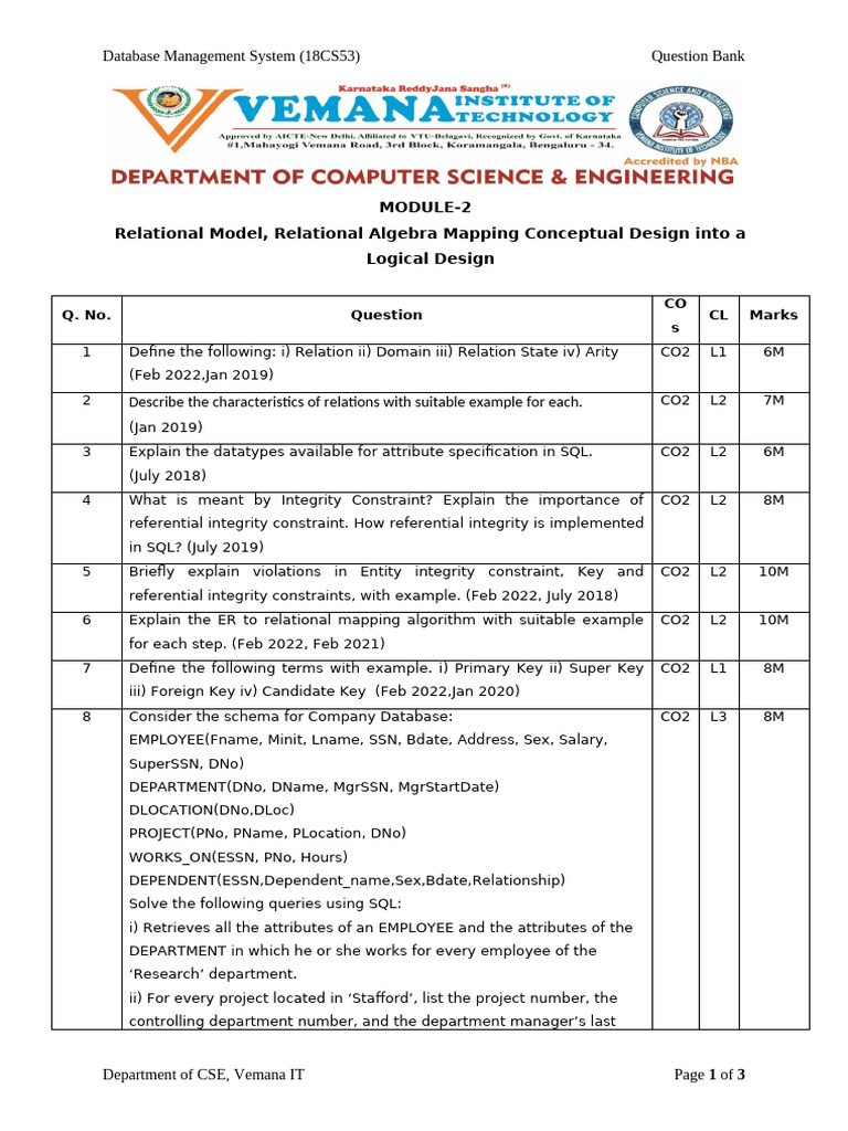 BCS403 DBMS Module2 QuestionBank 2022-23 | PDF | Relational Model | Computing