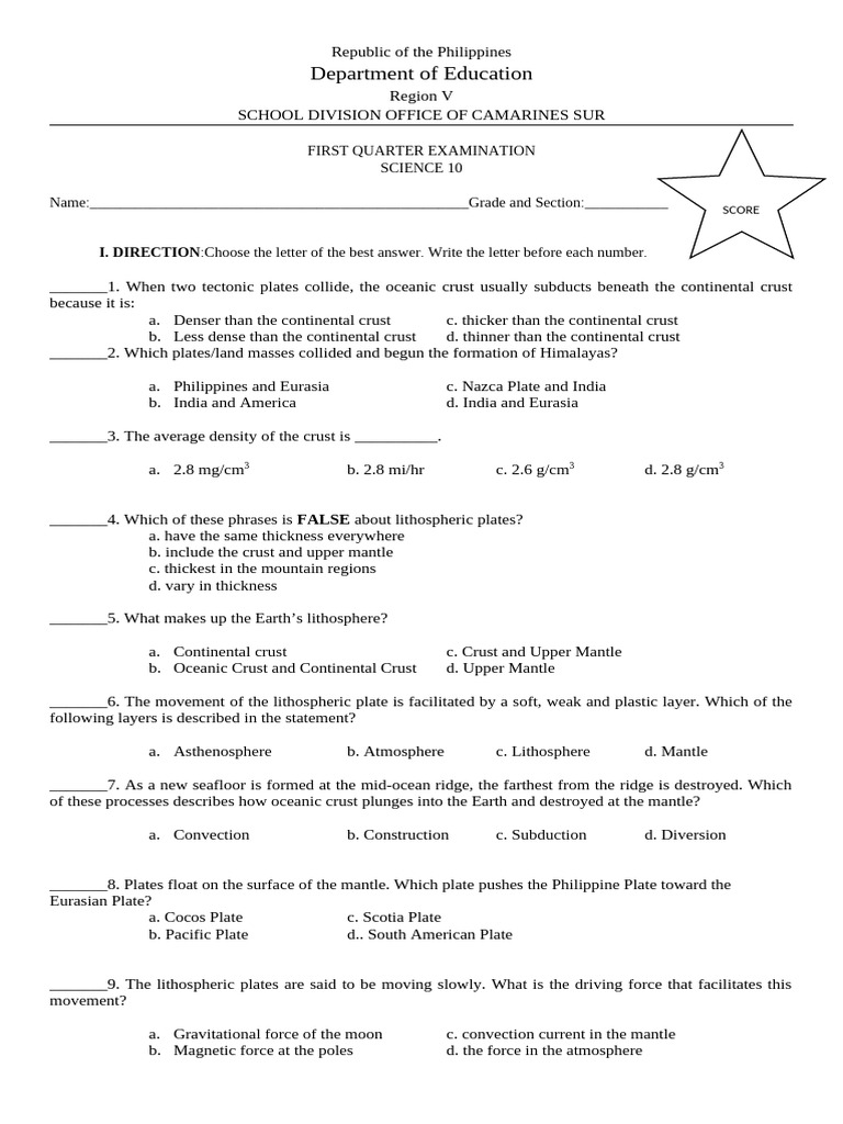 First Quarter Exam in Sci. 10 | PDF | Plate Tectonics | Geology