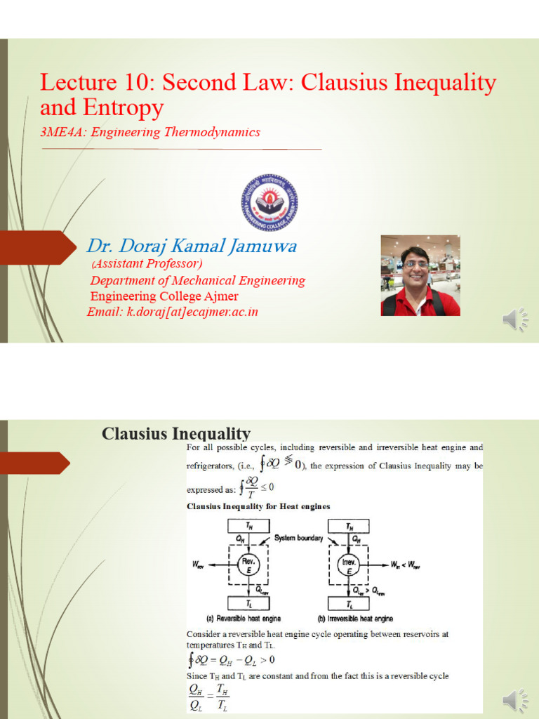 Lecture 10 Second Law of Thermodynamics-Clausius Inequality and Entropy ...