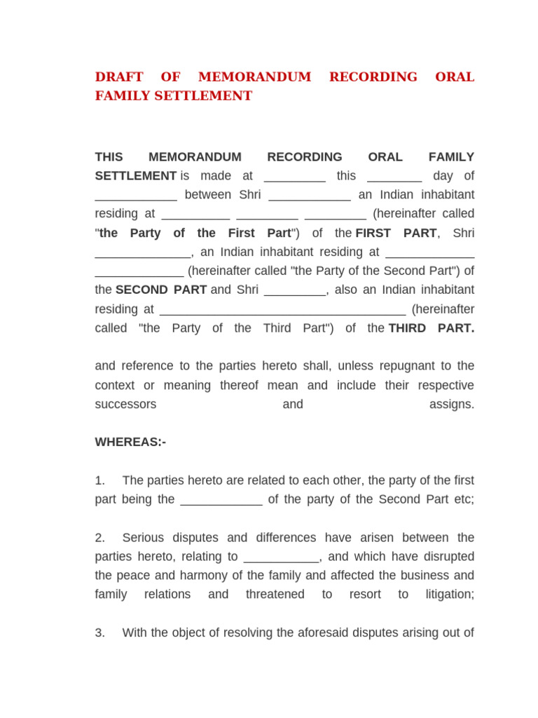 Family Settlement Memorandum Draft | PDF | Probate | Private Law