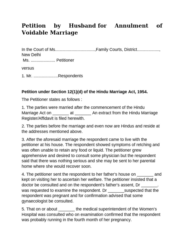 Petition by Husband For Annulment of Voidable Marriage | PDF ...