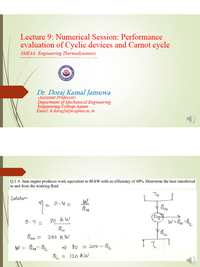 Lecture 9 Numerical Session 4-Second Law-Cyclic Devices and Carnot Cycle | PDF