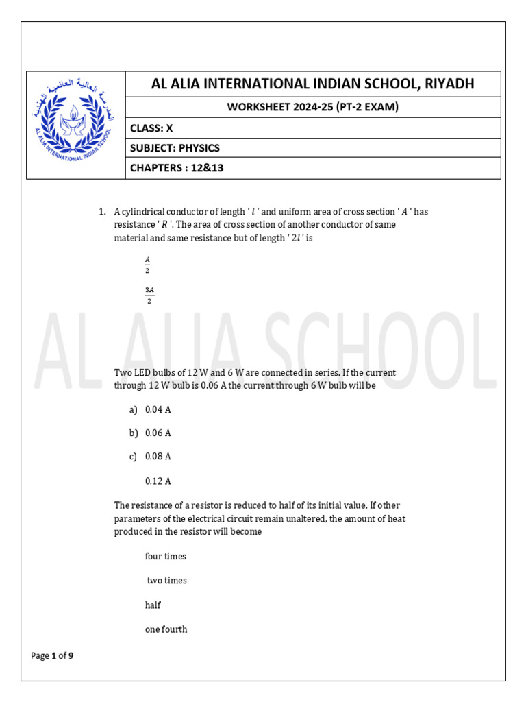 Ksheet Class 10 Physics | PDF | Electrical Resistivity And Conductivity ...