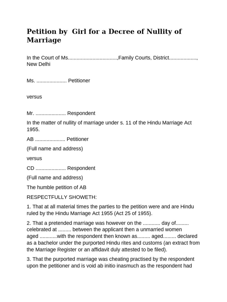 Petition by Girl For A Decree of Nullity of Marriage | PDF | Annulment ...