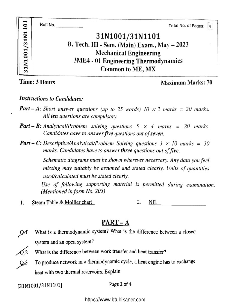 Btech Me MX 3 Sem Engineering Thermodynamics 31n1001 May 2023 | PDF